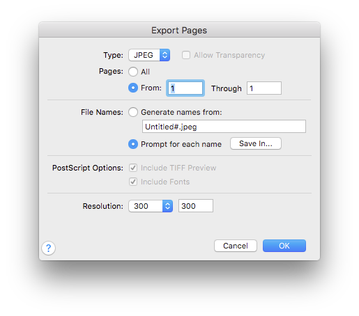 Export Selection Pages Dialog Box
